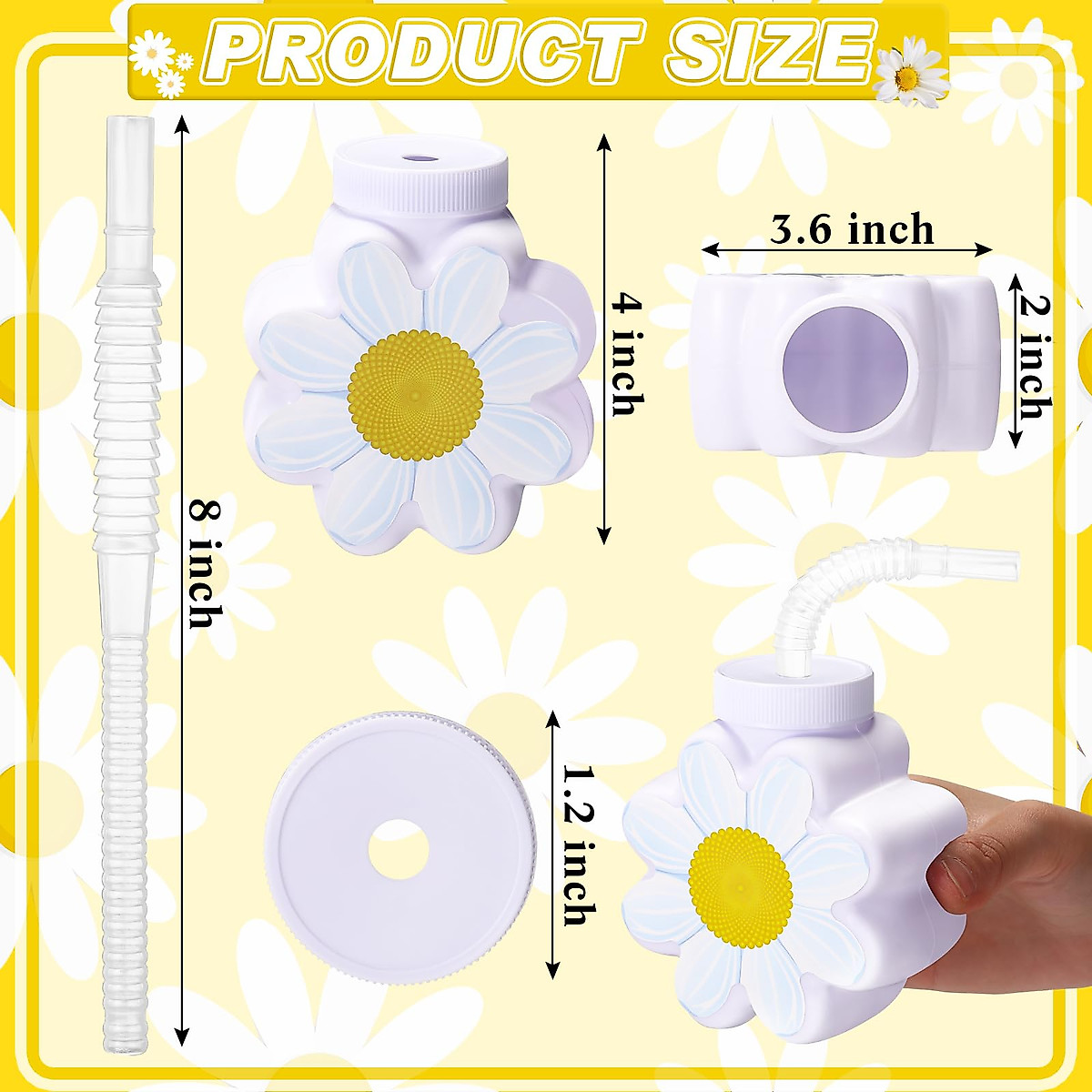 Domensi 12 Pcs Daisy Flower Cups with Lids and Straws, 10 oz Daisy Flower Plastic Cups for Daisy Birthday Party, Daisy Themed Party, Wedding Baby Shower Party Decorations Supplies
