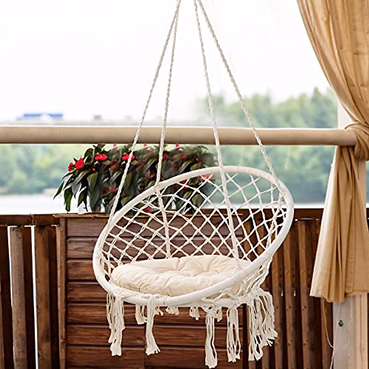 HBlife Hammock Chair, Hanging Swing with Macrame and Cushion, Max 330 Lbs, Beige Hanging Cotton Rope Chair for Indoor, Outdoor, Bedroom, Patio, Yard, Deck, Garden and Porch