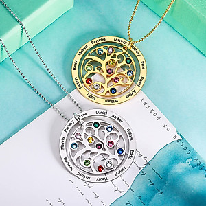 Custom Family Tree Mom Necklace 925 Sterling Silver/Stainless Steel Heart Round Personalized 1-11 Name Birthstone Pendant Necklace Tree of Life Grandma Grandmother Mother Day Jewelry Gifts For Women