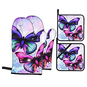 4-Piece Oven Glove and Pot Holder,Purple Butterfly (2),Heat-Resistant Oven Glove and Pot Holder,Can Be Used for Cooking and Grilling