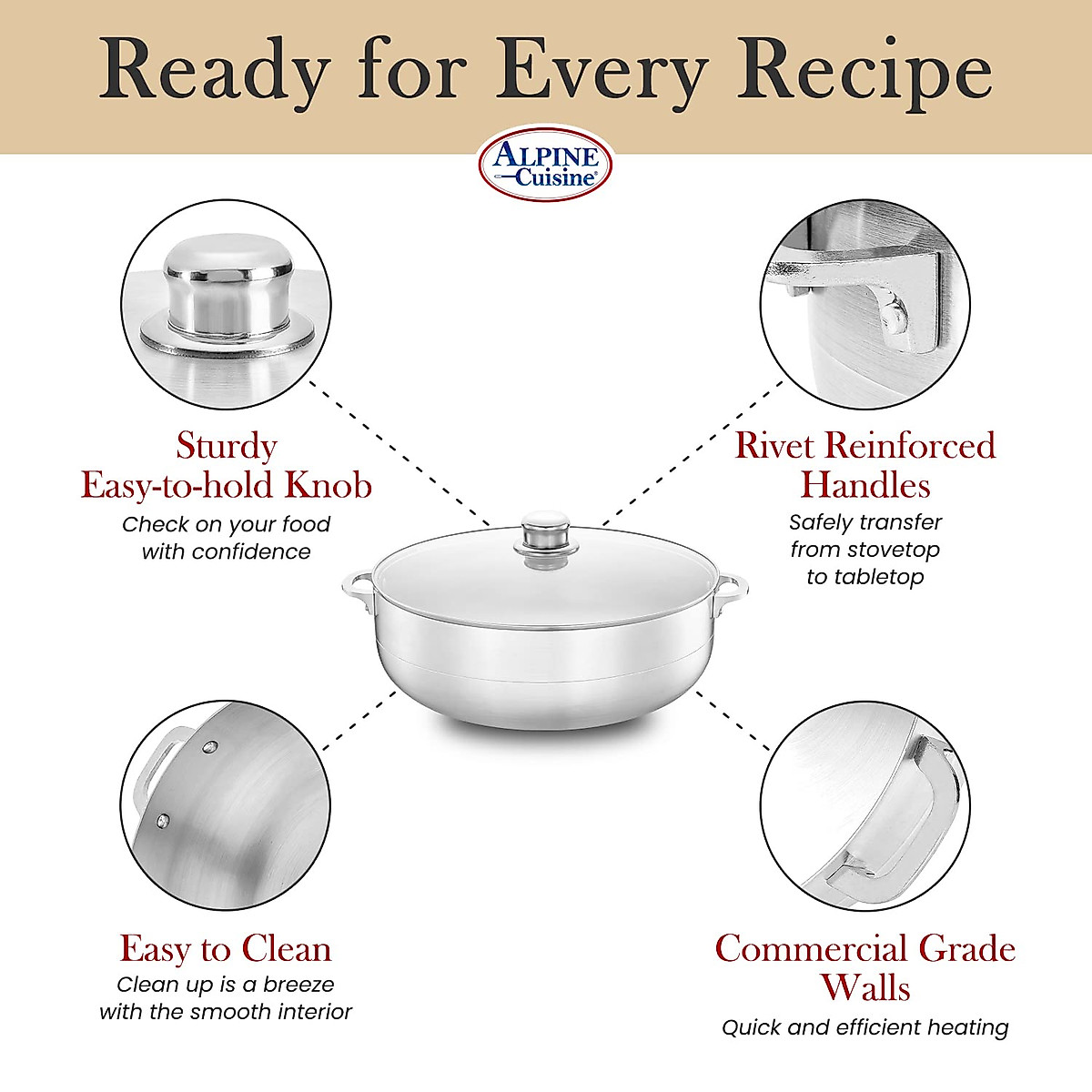 Alpine Cuisine 13-Quart Aluminum Caldero Stock Pot with Glass Lid, Cooking Dutch Oven Performance for Even Heat Distribution, Perfect for Serving Large & Small Groups, Riveted Handles Commercial Grade