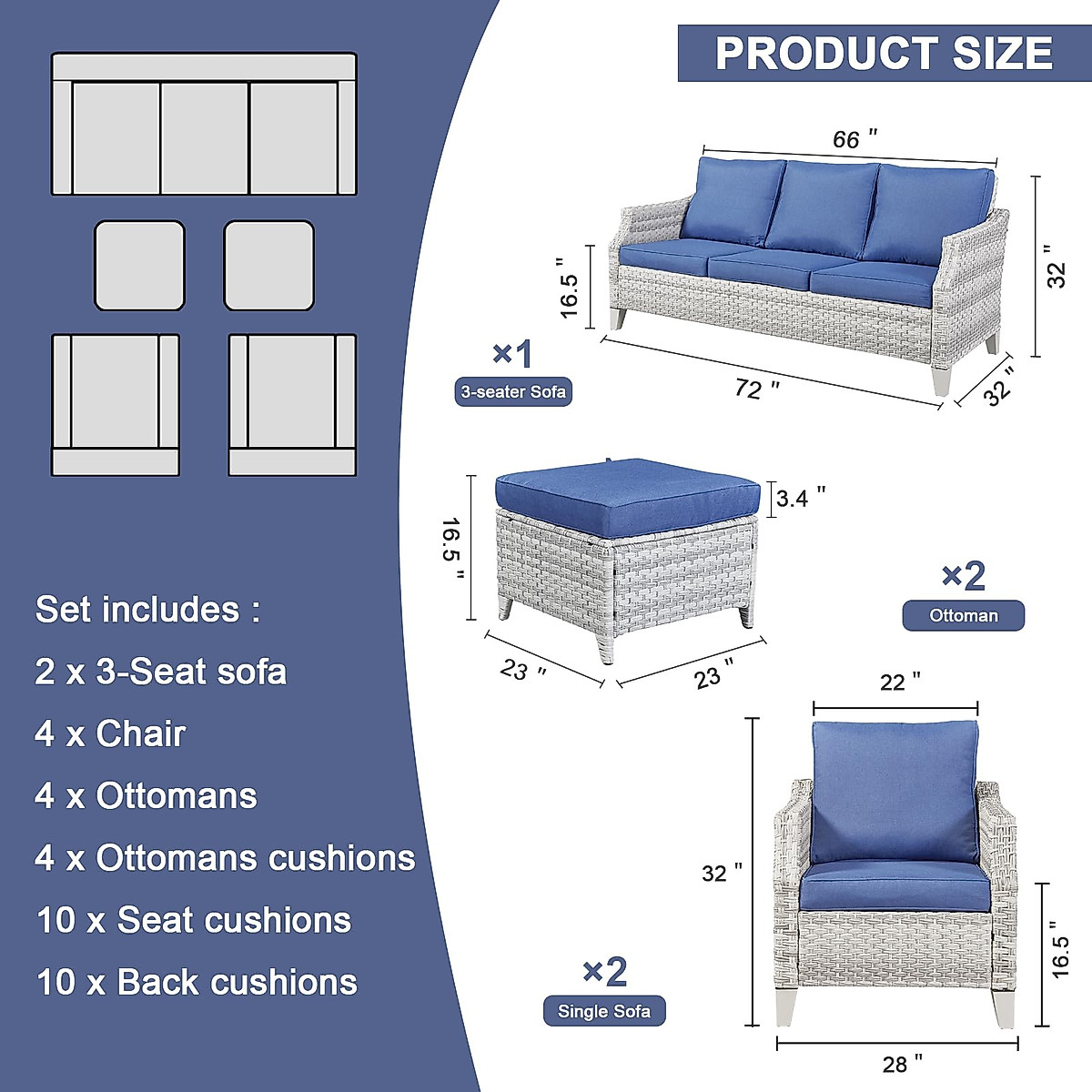 HUMMUH Outdoor Wicker Chairs Patio Dining Chairs Set of 2 PE Wicker Patio Chairs with High Back and Deep Seat, 4 inch Seat Cushions for Garden Porch Backyard (Mixed Grey/Blue)