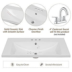 30 Inch Bathroom Vanity Cabinet with Ceramic Sink, Two-in-one Functional Drawer, Sold Wood Legs, White