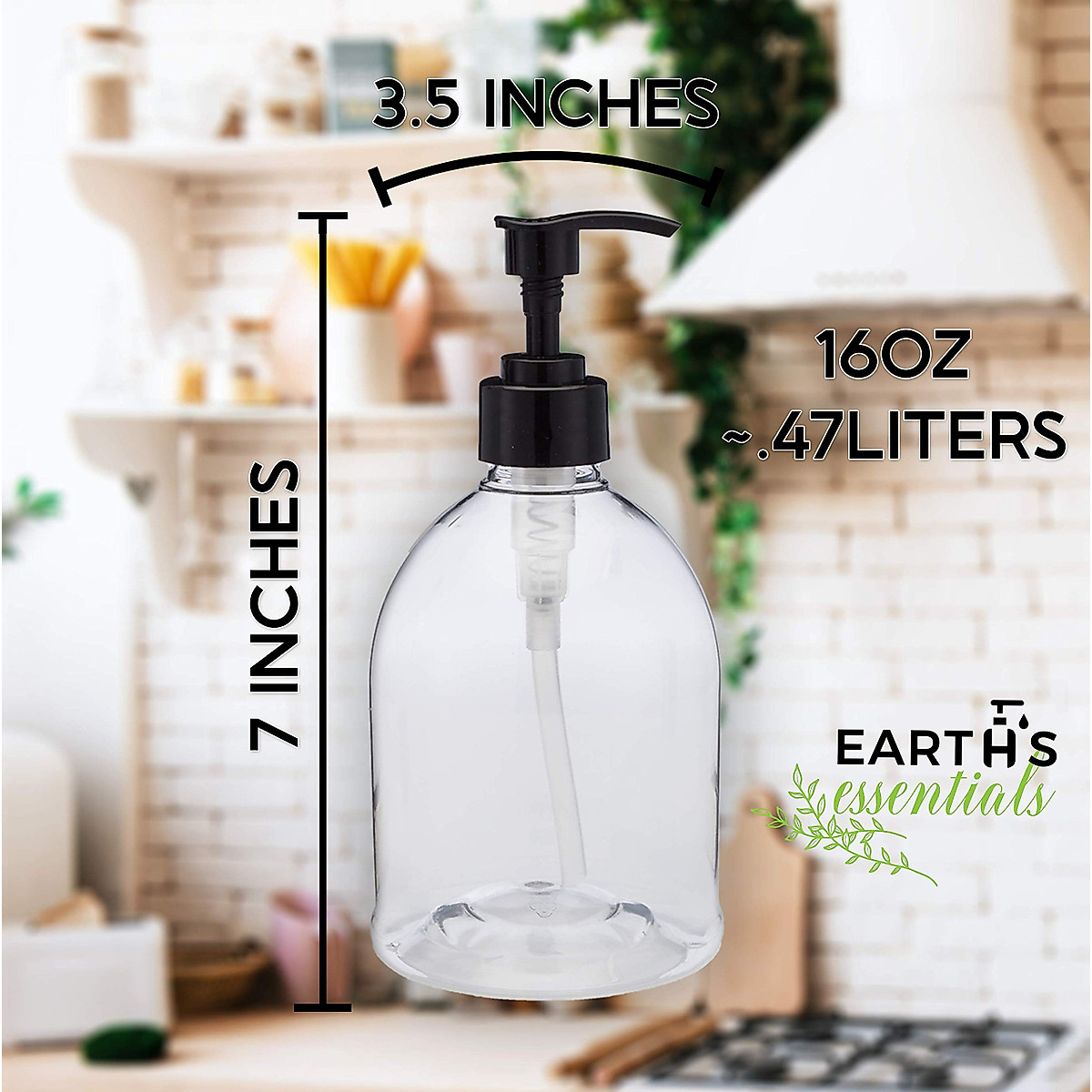 (4 Pack with Patented Screw-On Funnel) Earth's Essentials Versatile 16 Ounce PET Plastic Refillable Designer Pump Bottles. Excellent Liquid Hand Soap, Lotion, Shampoo and Massage Oil Dispensers