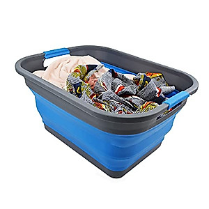 SAMMART 36L (9.5 gallon) Collapsible Plastic Laundry Basket-Foldable Pop Up Storage Container/Organizer-Portable Washing Tub-Space Saving Hamper, Water capacity: 28L(7.4 gallon) (1, Grey/Blue)