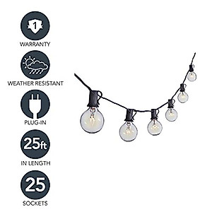 Sterno Home 25-Ft Clear Globe Outdoor Incandescent String Lights G40 Bulbs on Black Cord – For Backyard, Weddings, Patio, Porch, Tents and more