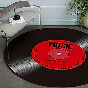 Music Record Black Round Area Rug, Vinyl Record Pattren Floor Mat, Antique Non-Slip Sofa Chair Cushion, Home Study Playing Carpet(60cm,red)