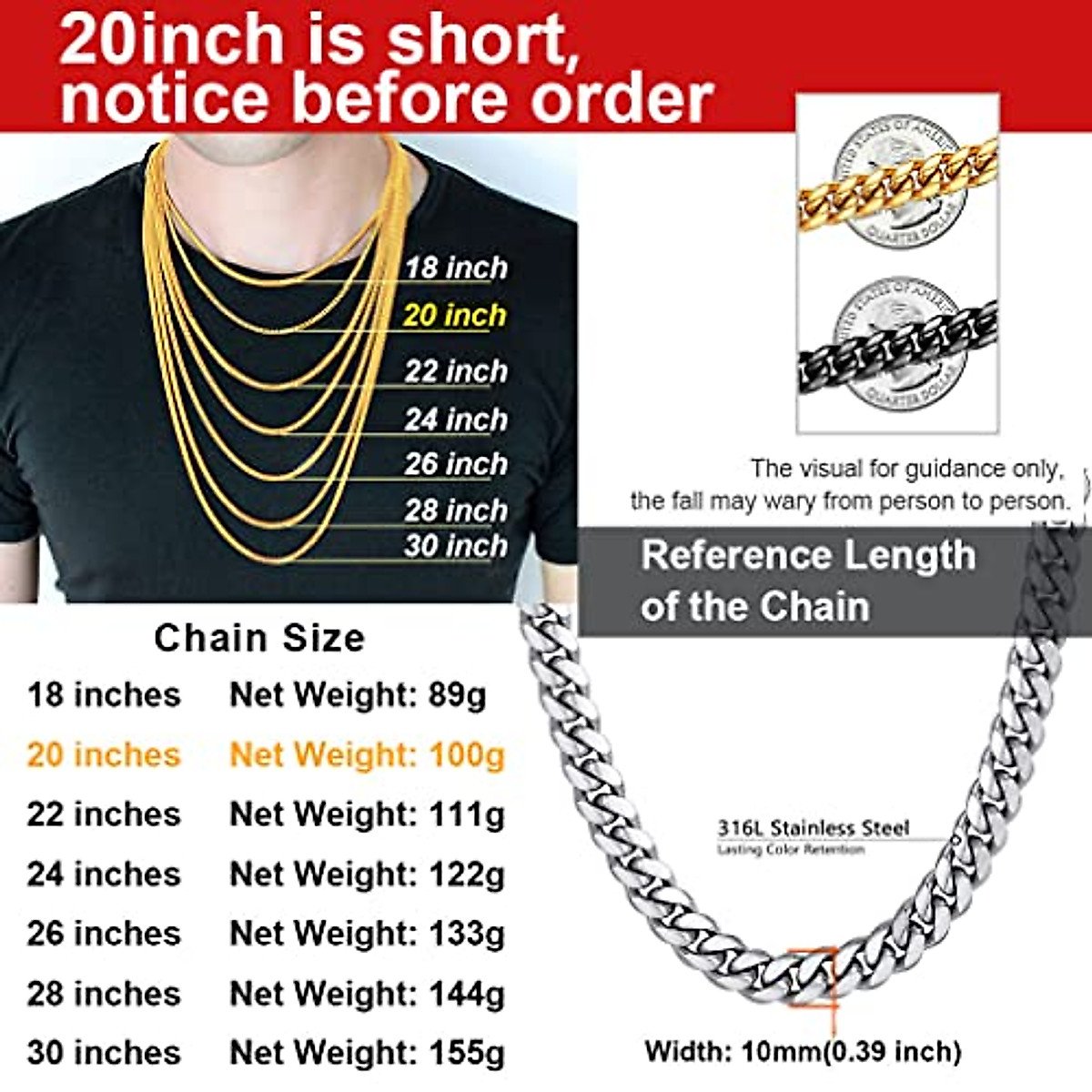 Hip Hop Men Necklace Curb Cuban Chains 20inch 10MM Neck Chain Mens Gifts for Mens