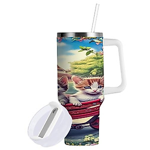 RPLIFE Kittens Wagon 40 Oz Tumbler, Stainless Steel Tumbler with Straw, Tumblers for Women