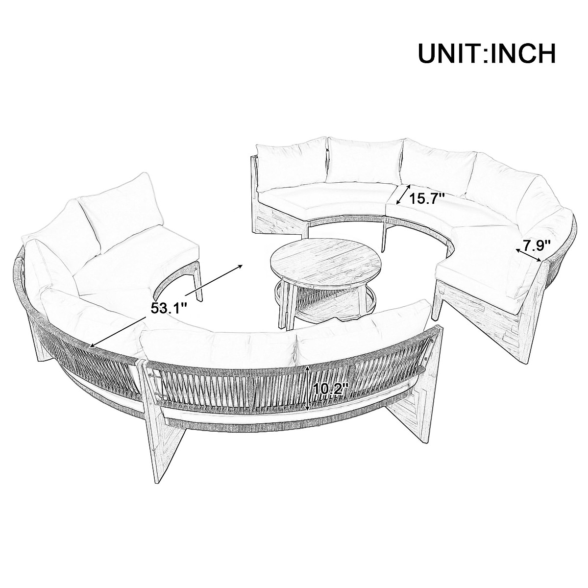 Quarte Outdoor Acacia Wood Round Sofa Set, Half-Moon Sectional Sets with Coffee Table,6-Person Seating Group for Garden, Deck (Beige/Half-Moon*A)