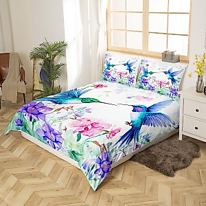 Hummingbird Girls Comforter Cover Butterfly Flower Birds Bedding Sets Wild Animals Duvet Cover Set Floral Plants Fresh Nature Bedspreads Cover 2 Pieces For Women Bedroom Decor Twin Size Green