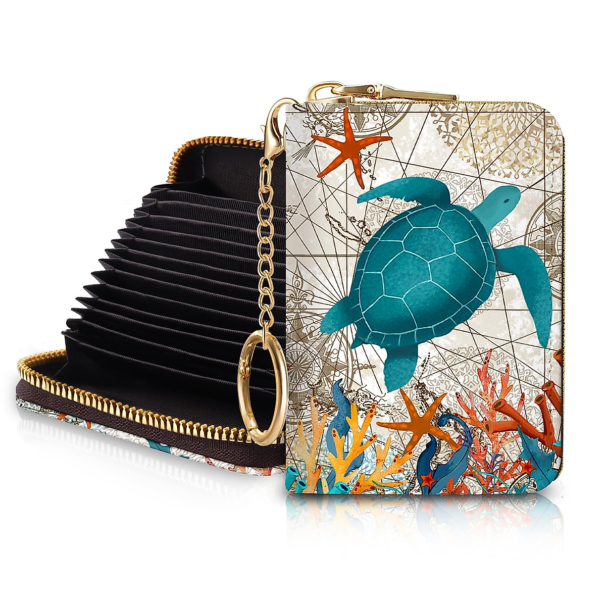 Blusabaca RFID Credit Card Holder Wallets for Women, Small Card Case Wallet with Keychain and Zipper, Leather Card Holder Sea Turtle Pocket Business Card Accordion Wallet