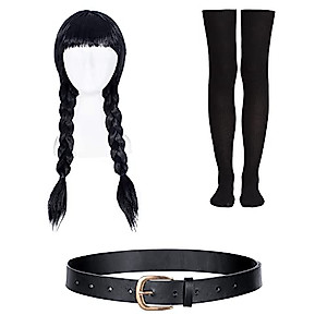 Wednesday Addams Dress Up Costume for Girls Birthday Halloween Cosplay Party with Wig Socks Belts 10-11 Years (150cm)