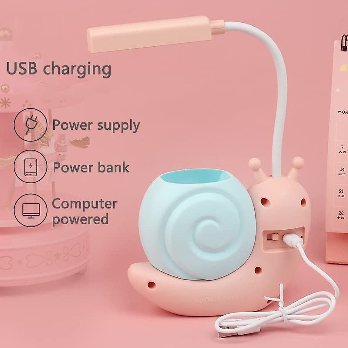 Cute Kids Lamp with Pen Holder,LED Desk Lamp for Child,Snail Shape USB Charging Student Learning Eye Protection Lamp with 360° Bendable Adjustable Neck Pink
