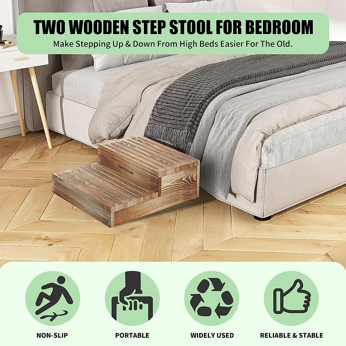 Wooden 2 Step Stool for High Beds, Moderate & Applicable 2-Step Stools for Seniors, Solid Wood steppingStool, Built-in Handle for Easy Carrying, 20.0" W