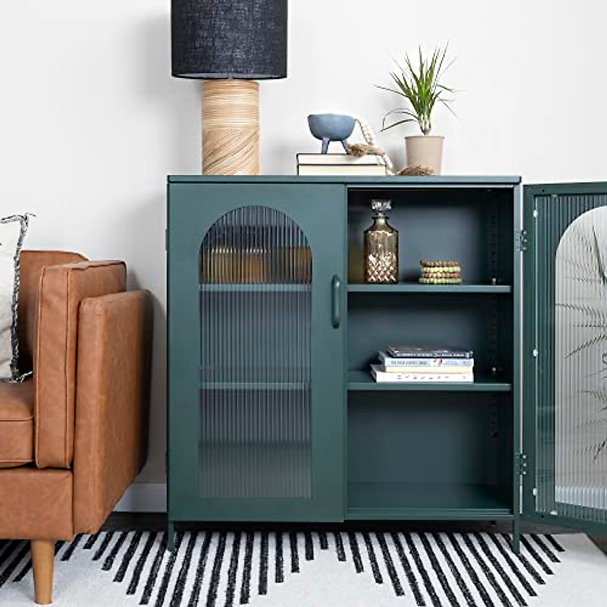 Creative Co-Op Solstice Metal Cabinet with 2 Arched Glass Doors, Dark Green