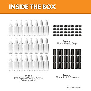 FastRack - 5oz Woozy Hot Sauce Bottles, Pack of 24 with Black Plastic Caps & Shrink Sleeves, Empty Small Woozy Bottles, High Grade Clear Glass bottles with Leakproof Cap - No Dripper Included