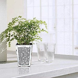 Meetart Crushed Diamond Mirrored Planter, Crystal Silver Glass Decorative Mirror Luxury Flower Pot ，with Drainage Hole and Tray for All House Plants, Succulents, Flowers, and Cactus.