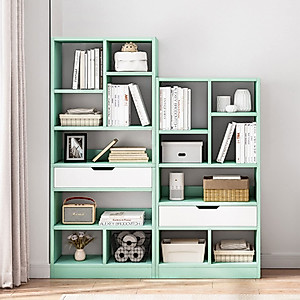 IOTXY Wooden Open Shelf Bookcase - 61 Inches Height Freestanding Display Storage Cabinet Organizer with 8 Cubes and a Drawer, Floor Standing Bookshelf in Tiffany-Green