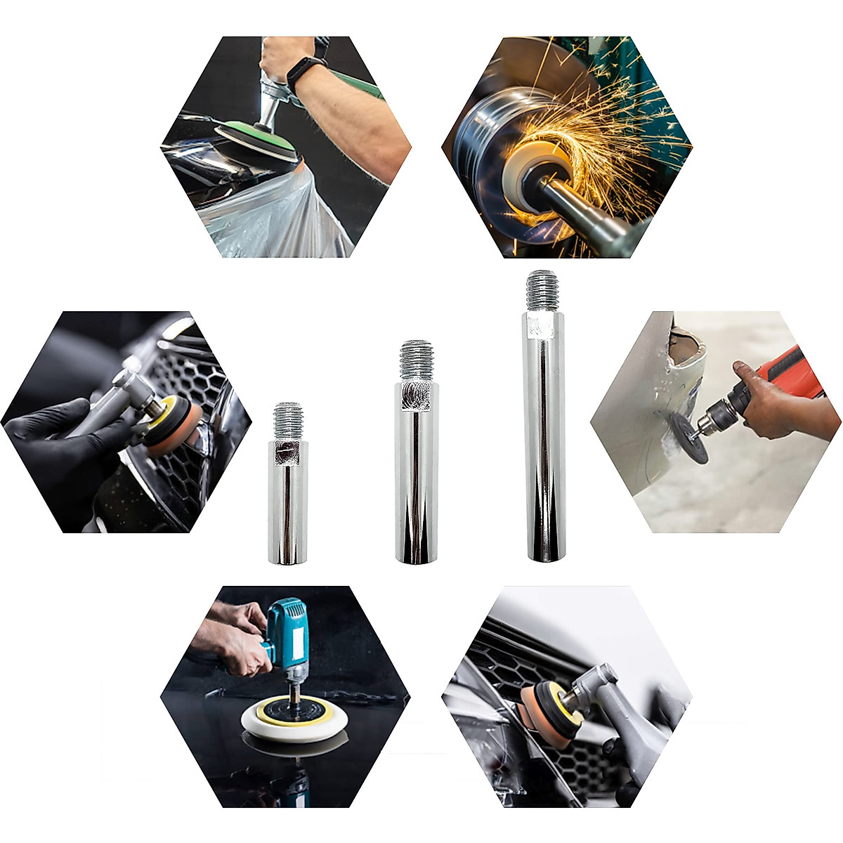 3 PCS 5/8"-11 Thread Angle Grinder Extension Shaft, Rotary Extension Shaft Set, Angle Grinder Extension Connecting Rod, for Polisher and Angle Grinder, 3.1 inch, 3.9 inch, 5.5 inch (Silver)