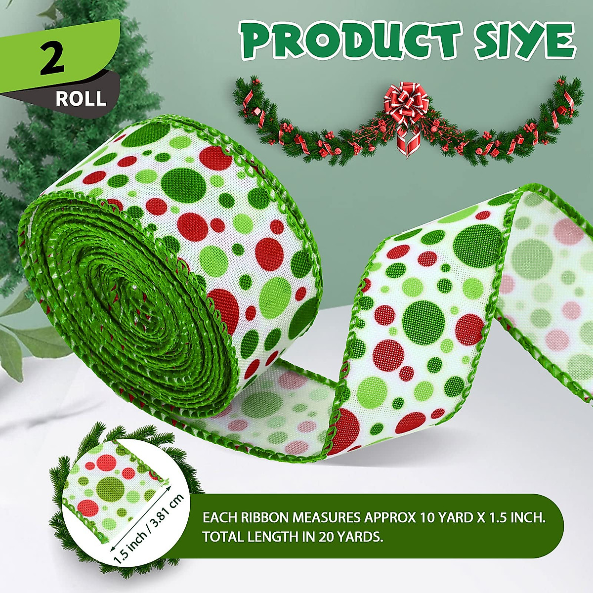 Hanaive 20 Yards Christmas Polka Dot Ribbon Xmas Wired Ribbon Christmas Tree Ribbons Decoration Green Red Polka Dot Printed Christmas Ribbons DIY Decorative for Wreaths Gifts Wrapping (1.5 Inch)