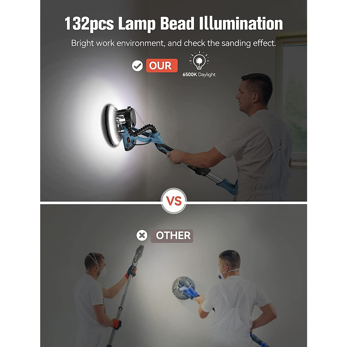 Handife Drywall Sander 800W 7A Drywall Sander with Vacuum Auto Dust Collection, Variable Speed 800-1800RPM Drywall Power Sander with Double-Deck LED Lights, Extendable Handle, Carrying Bag