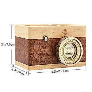 VOSTOR Zakka Camera Wooden Pencil Holder Desktop Pencil Holder Vintage Camera Decor Stationary Makeup Organizer Holder for Office Home, Back to School Gift For Photographers and Students