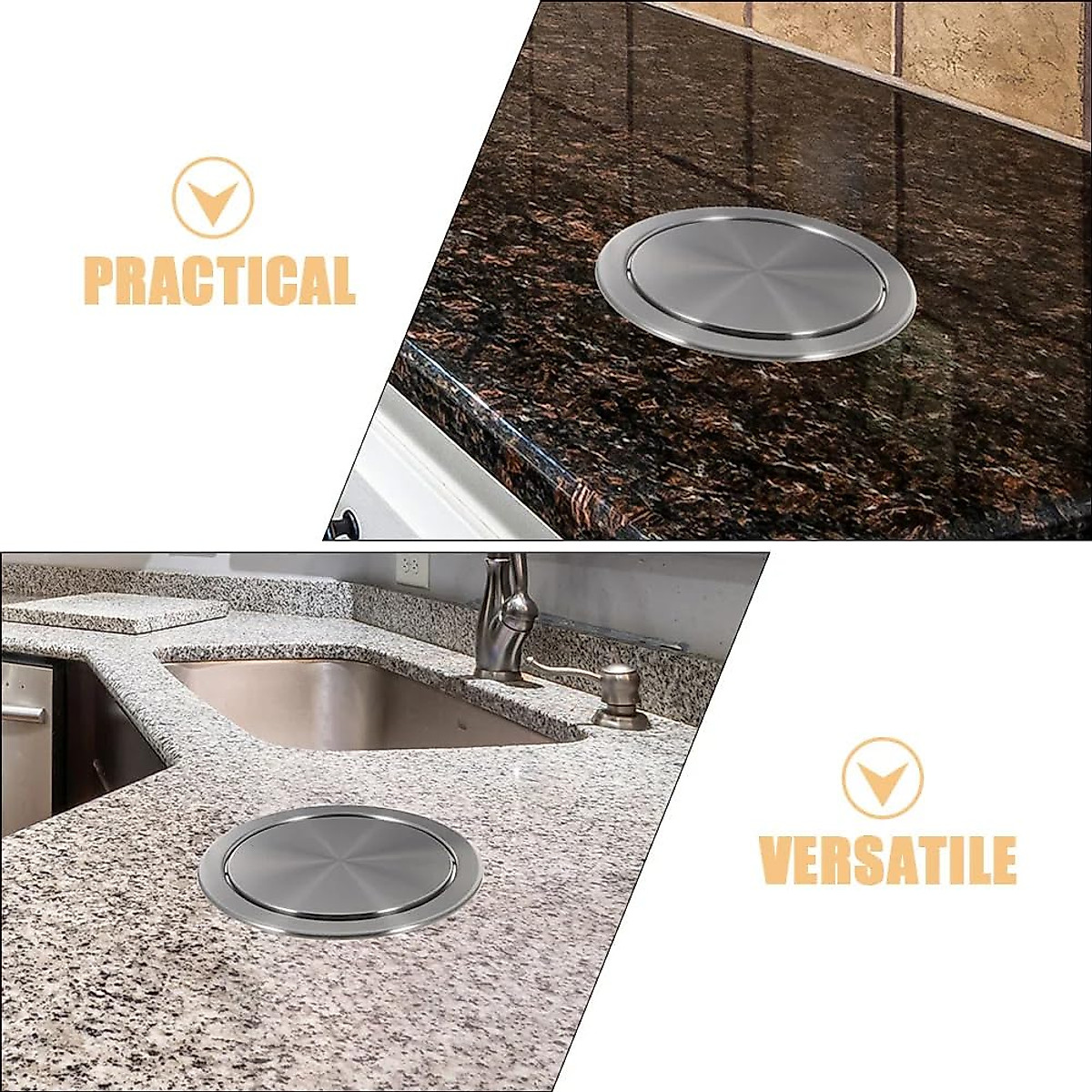 YOYDS Recessed Trash Bin Round Cover Stainless Steel Countertop Insert Cover Built-in Swing Flap for Mall Kitchen Bathroom Office (Sliver)