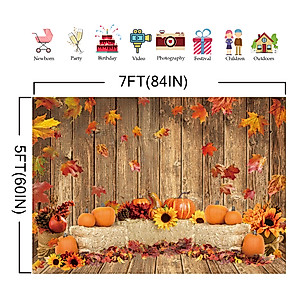 Fluzimir 7x5FT Fall Photo Backdrop Autumn Thanksgiving Day Wooden Pattern Maple Leaves Pumpkin Background for Photography Friendsgiving Party Decorations Harvest Event Banner Decor