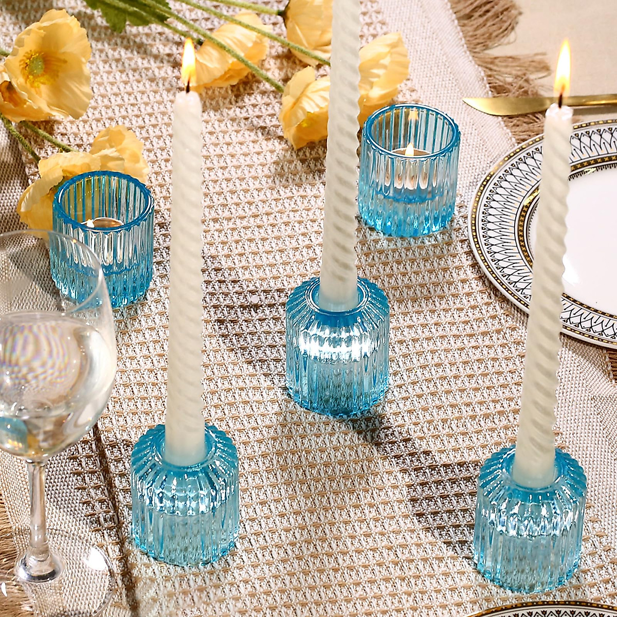 12pcs Candlestick Holders, Blue Glass Taper Candle Holders Candle Holders for Taper Candles, Pillar Candle, Tealight, Votive Candle Holders for Centerpiece Table Decorations