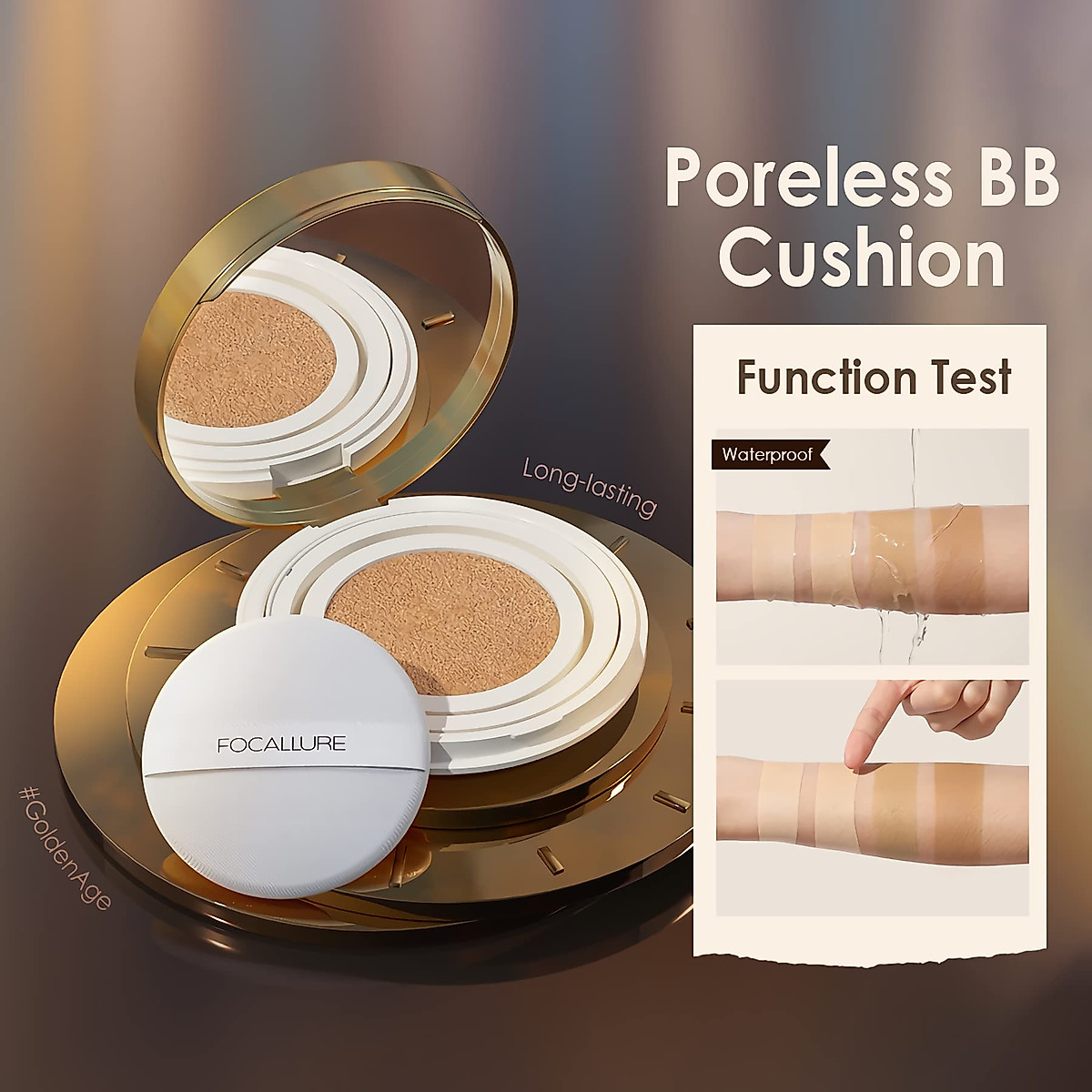 FOCALLURE Poreless BB Cushion Foundation, Full Coverage Foundation Makeup, Matte Finish, Natural Cover Makeup Base and Fixer, Long-Lasting & Hydration, Toasted Tan