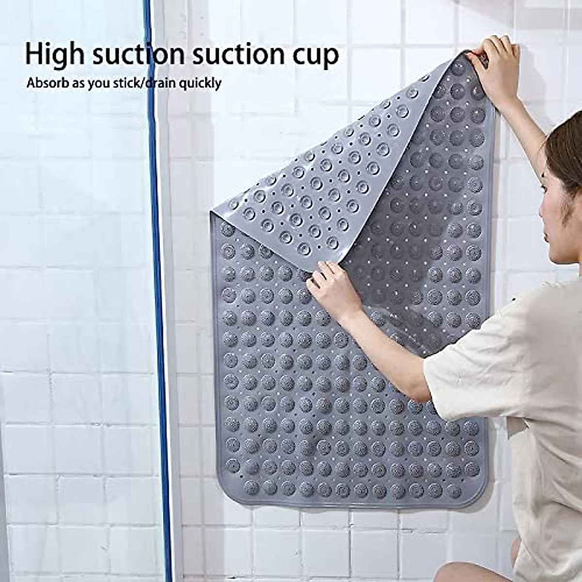Scceatti Bathroom Rugs Quick Drying Bath Mat 32 x 16 Light Blue Bathroom Floor Mat Shower Mat Extra Large Non Slip Mat for Elderly & Kids Bathroom Drain Holes Strong Suction Cups for Bathroom Floor