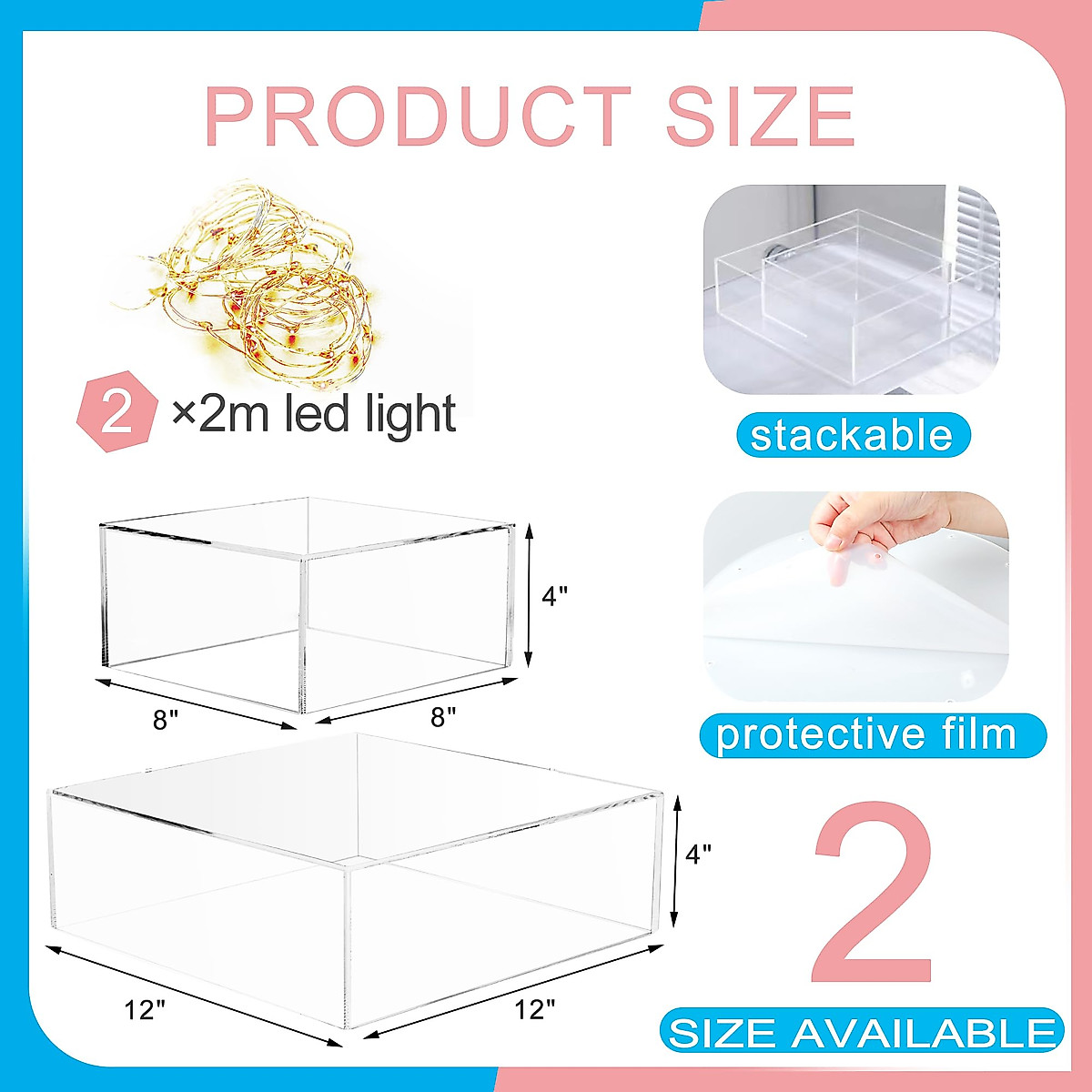 HeiMma 2 Set Clear Acrylic Cake Stands for Dessert Table 12” and 8” Fillable Cake Box Risers for Buffet Table, Square Cake Stand for Wedding Birthday Party, Hollow Bottoms…