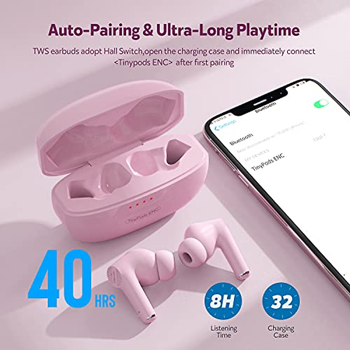 Wireless Earbuds Noise Cancelling Bluetooth Headphones with Microphone ENC Earphones in-Ear 40H Playtime Anti-Mistouch Design Game Music Dual Mode 3D Immersive Sound (Pink)