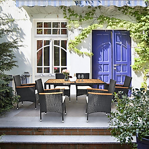 VINGLI 7 Pieces Patio Dining Set, Wicker Outdoor Dining Set for 6 Patio Furniture Set with Acacia Wood Table Outdoor Table and Chairs for Garden and Yard