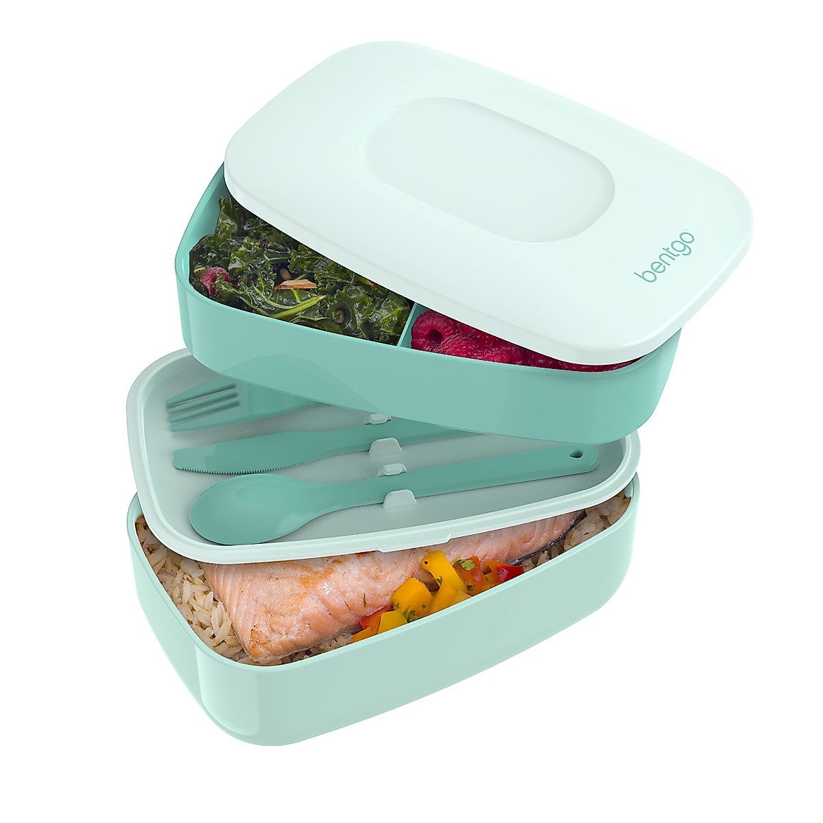 Bentgo Classic - All-in-One Lunch Box - Modern Bento-Style Design Includes 2 Stackable Containers, Built-in Plastic Utensil Set, and Nylon Sealing Strap (Coastal Aqua)