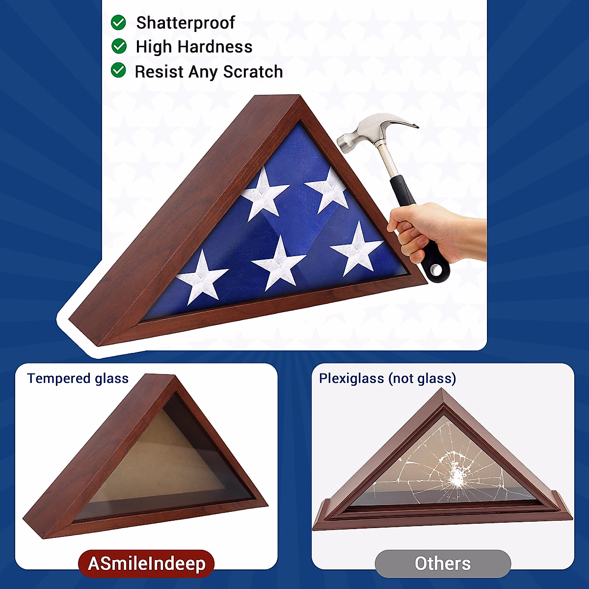 ASmileIndeep Flag Display Case for Small Flag, 3' x 5' American Flag Shadow Box with HD Tempered Glass and Wall Mount (Not for Burial Flag), Triangle Flag Holder Frame for Folded Flag - Cherry Red