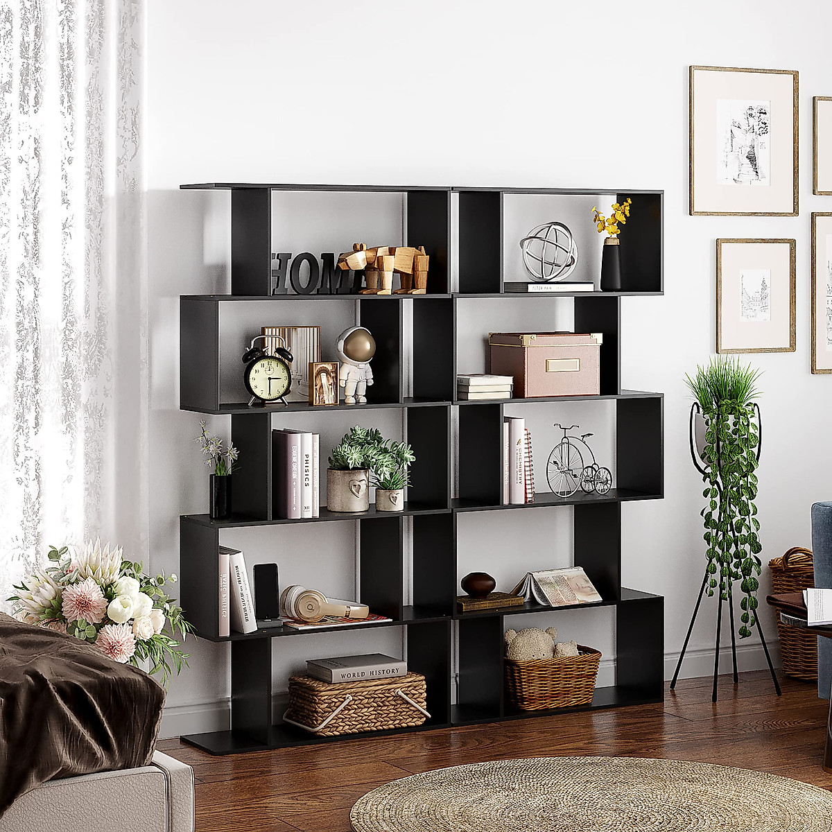 HOMEFORT Pack of 2 Geometric Bookshelf,5-Tier Modern Bookcase, Set of 2 Open Shelf and Room Divider, Freestanding Display Storage Organizer, Decorative Shelving Unit for Home Office and Living Room