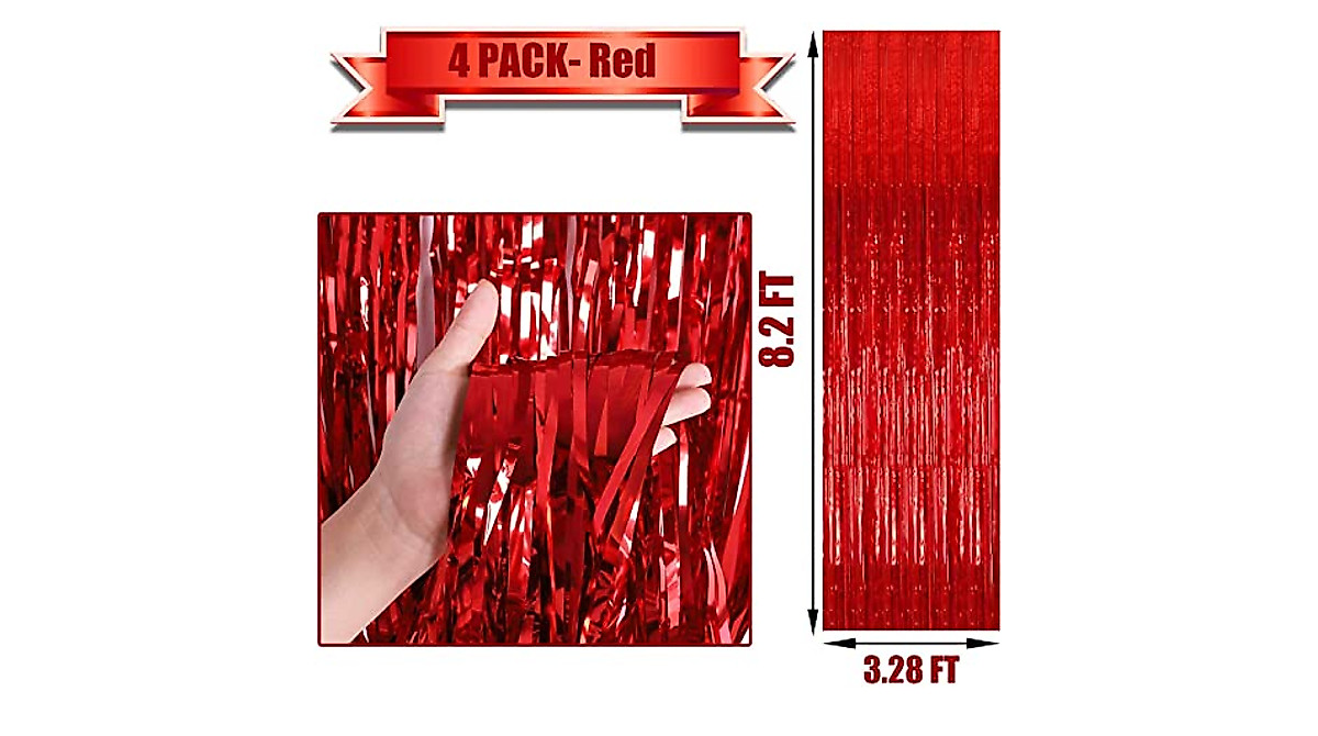 Red Foil Fringe Curtain 4 Pack - Perfect for Parties & Photo Booths