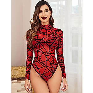 Avidlove Bodysuits for Going Out Women Halloween Tops Lace Mesh Geo Print Shirt Party Night Outfits Red
