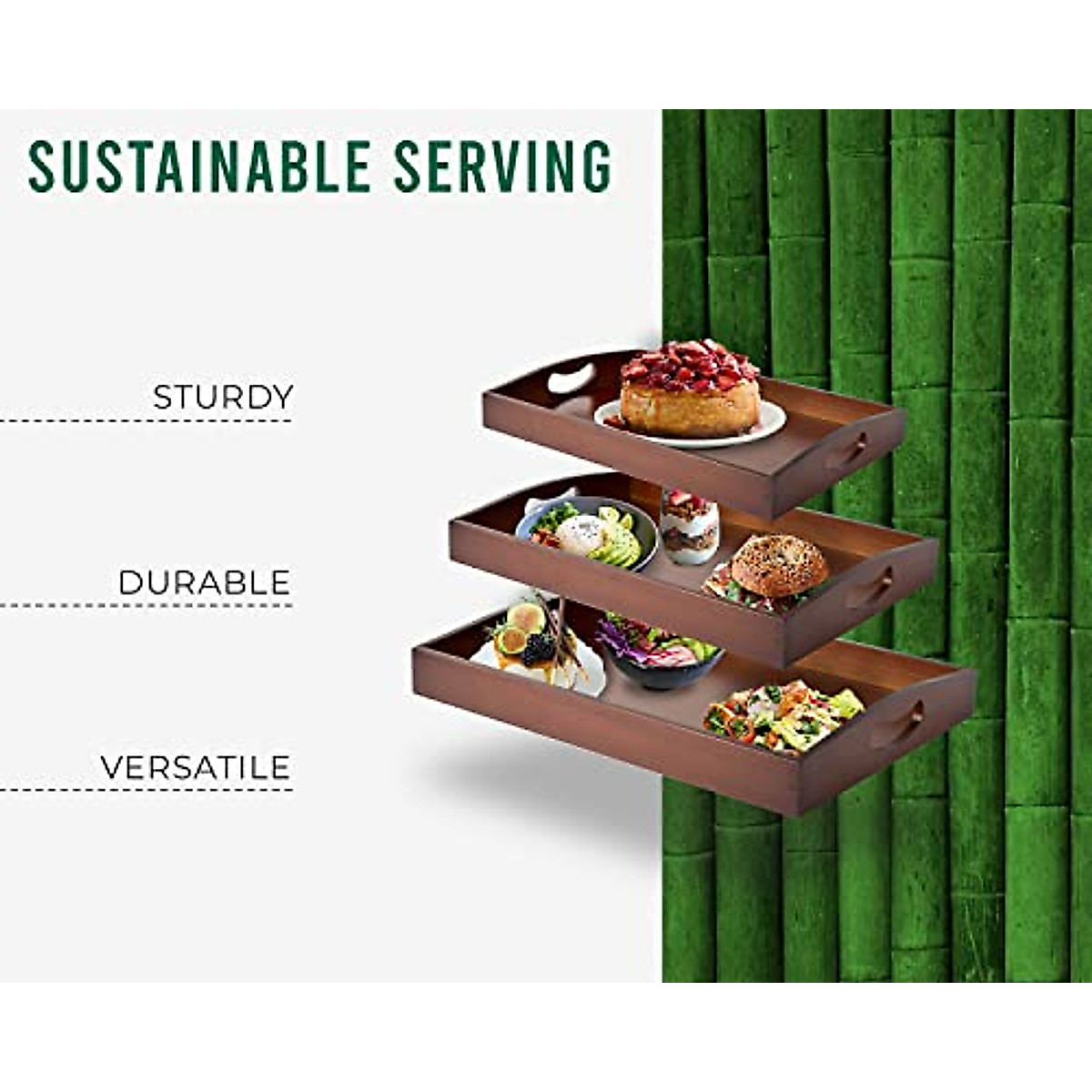 Set of 3 Premium Bamboo Serving Trays - Natural Finish | Stylish and Functional Platters for Exquisite Food Presentation |Brown Finish