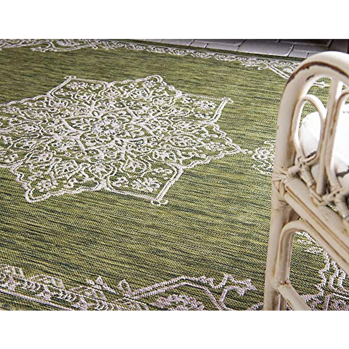 Unique Loom Collection Traditional Classic Heathered Center Medallion Indoor/Outdoor Flatweave Area Rug, Rectangular 4' 0" x 6' 0", Green/Gray