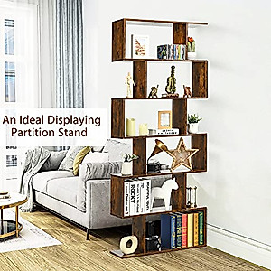 Tangkula 6 Tier S Shaped Bookshelf, 31.5''L x 9''W x 75''H, Wooden Bookcase and Bookshelves w/Anti-Toppling Device, Room Divider Display Shelves for Living Room, Home Decor, 6 Shelf Bookshelf