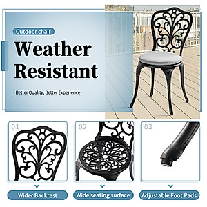 Withniture 3 Piece Bistro Patio Set Cast Aluminum Bistro Table and Chairs Set of 2 with Cushion,Outdoor Bistro Table Set with Umbrella Hole,All Weather Patio Furniture Set for Garden,Black