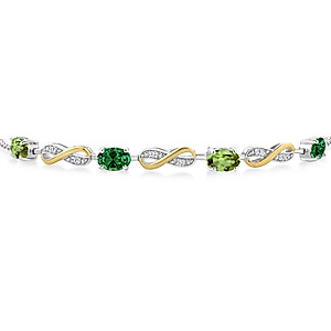 Gem Stone King 1.75 Cttw Green Peridot Green Created Emerald and Lab Grown Diamond 925 Silver and 10K Yellow Gold Infinity Bracelet For Women | Fully Adjustable Up to 7.5 Inch