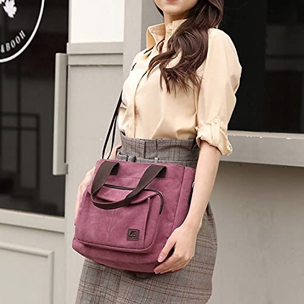 SUKUTU Ladies Canvas Tote Handbags Multi Pockets Satchel Large Capacity Stylish Top Handle Shoulder Bag