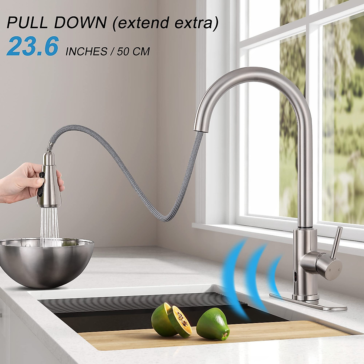 Qomolangma Touchless Kitchen Faucet with Pull Down Sprayer, Motion Single Handle Kitchen Sink Faucet with Pull Out Sprayer, Stainless Steel, Fingerprint Resistant, Brushed Nickel
