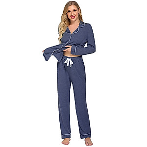 EkouaerWomen's Winter Warm Long Sleeve Sleepwear Soft Loungewear Nightwear 2 Piece Sleep Set (Dark Blue,S)