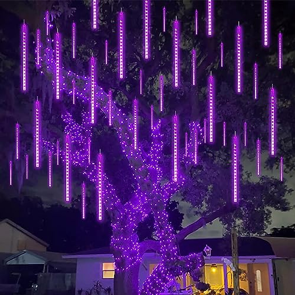 WAKAKA 2 Pack Purple Solar Christmas Lights Outdoor Waterproof, Total 16 Tubes 288 LED Solar Meteor Shower Lights, Falling Rain Lights for Outside Tree Christmas Decorations