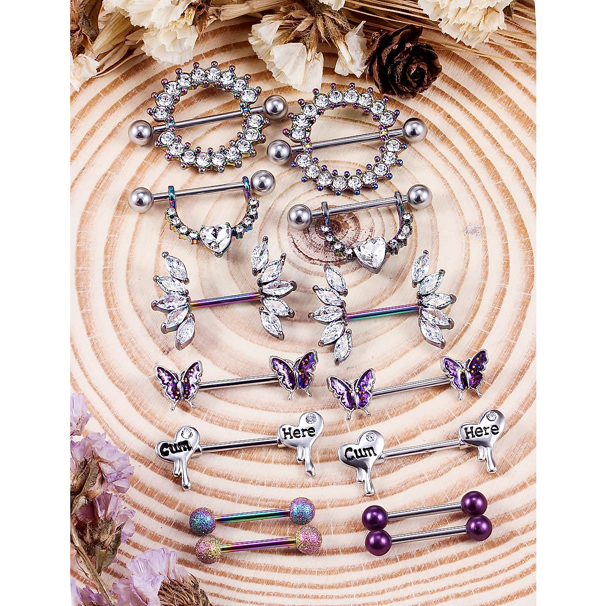 Cisyozi 14G Nipple Piercing Jewelry Nipple Rings for Women Purple Stainless Surgical Steel Nipple Shield Nipplerings Ring Barbell Bar Body Piercing Jewelry for Women 14mm